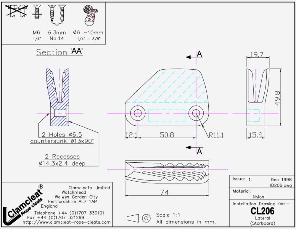 Clamcleat CL206 - Lateral (Starboard) Cleat | ChasNewensMarine